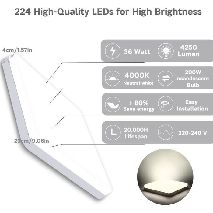 Plafonnier Led, 36W 4000K Blanc Neutre Lampes 4250 Lumens Pour Cuisine ...