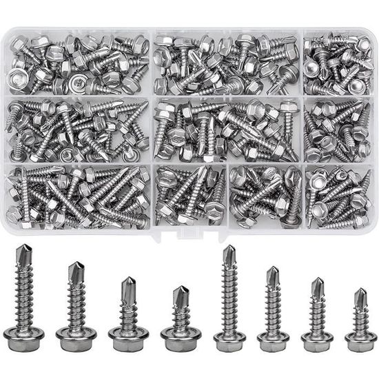 200 pcs vis autoforeuse inox, vis perforante metal, vis autoperceuse à tête hexagonale m4.2 m4.8 ...