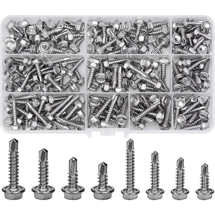 200 pcs vis autoforeuse inox, vis perforante metal, vis autoperceuse à tête hexagonale m4.2 m4.8 ...