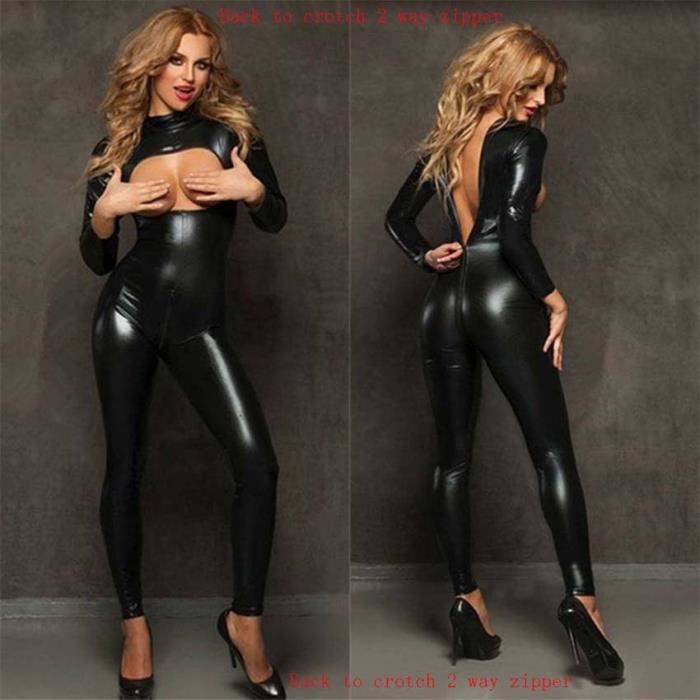 Mengma Femmes Catsuit En Faux Cuir Sexy Glissière Au Dos Ouvert Soutien