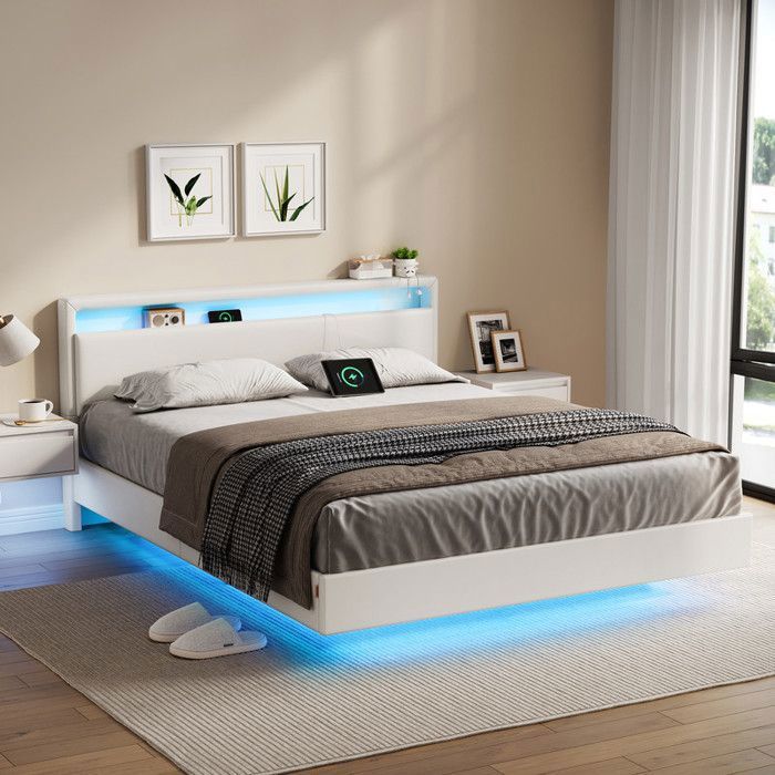 VASAGLE Structure de Lit Double, 160 x 200 cm, Lit Flottant, Lit avec ...