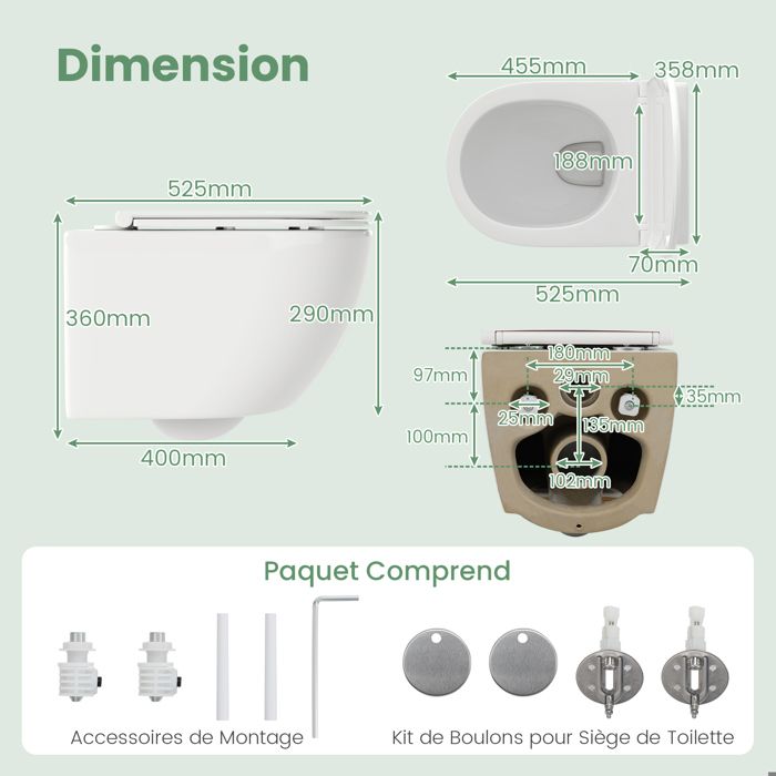 GIANTEX WC Suspendues sans Bride, Toilettes en Céramique avec Abattant ...