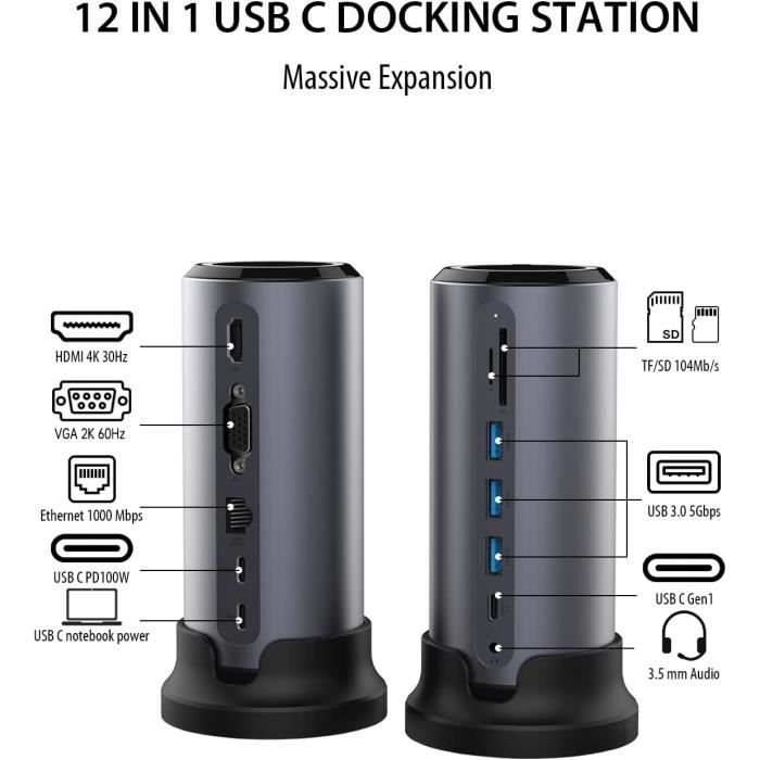 Station D'Accueil,Hub Usb C 12 En 1 Avec Base Antidérapante Amovible,3 ...