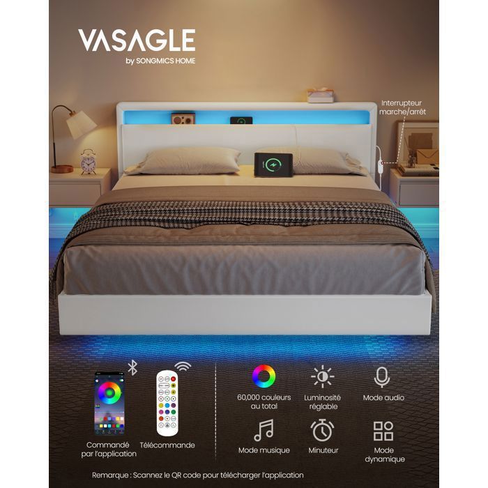 VASAGLE Structure de Lit Double, 160 x 200 cm, Lit Flottant, Lit avec ...