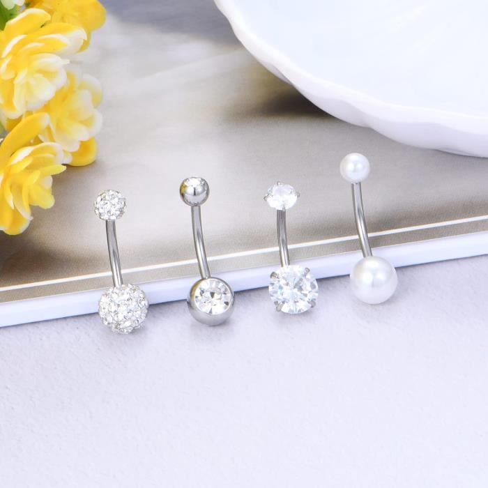 Rajnard Piercing Nombril 14G 6-8-10-12-14mm Acier Chirurgical CZ Perle Diamant Piercing Nombril ...