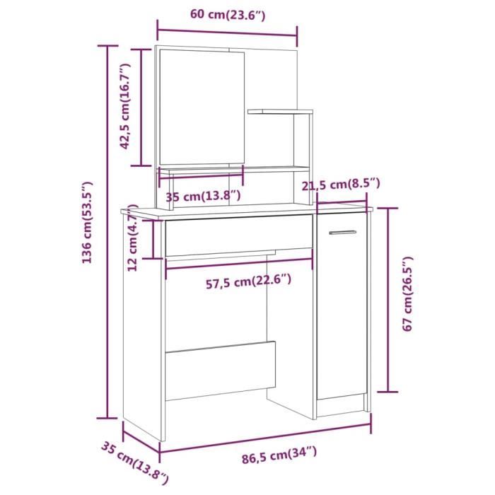 VidaXL Coiffeuse avec miroir chêne sonoma 86,5x35x136 cm 802960 ...