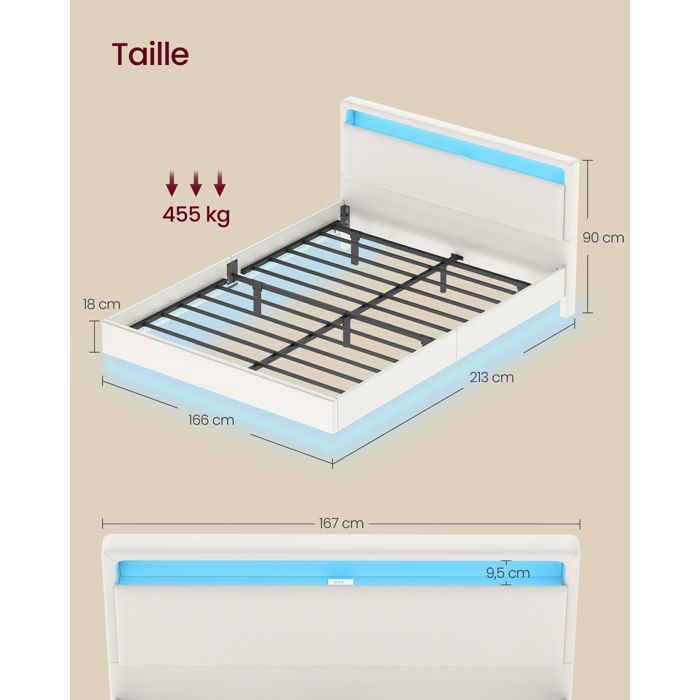 VASAGLE Structure de Lit Double, 160 x 200 cm, Lit Flottant, Lit avec ...
