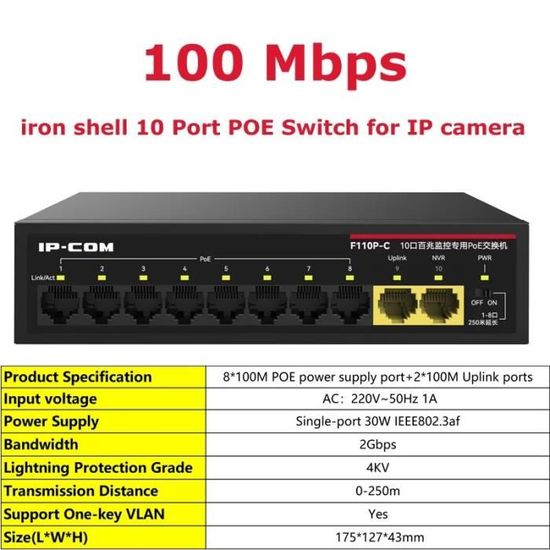 10 ports 100M - Commutateur POE Gigabit pour caméra IP,standard RJ45 ...