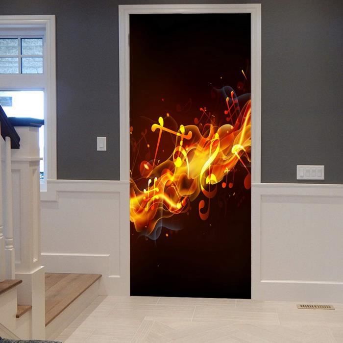 Sticker Porte Autocollant Poster de Porte 3D Notes De Musique en Feu ...