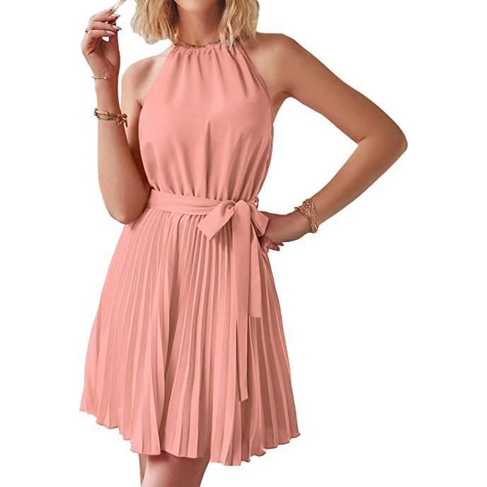 ROBE 2023 Summer Womens nouveau col suspendu lacets sans manches plissé ...