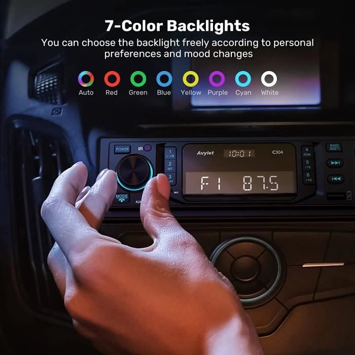 RDS Autoradio Bluetooth 5.0, Avylet 1 DIN Poste Radio Voiture, Bouton Lumineux 7 Couleurs, 60W X ...