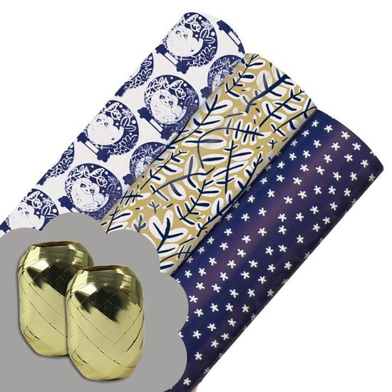Lot de 3 rouleaux de papier cadeau 2m motif Paresseux + 2 Bolducs Or ...