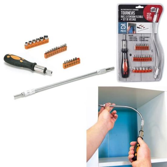 Tournevis avec Extension flexible + Set de Vissage 25 embouts Spécial ...