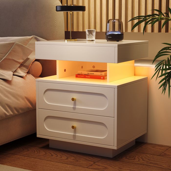 Table de Chevet Moderne avec LED, 2 Tiroirs et Niche Ouverte, Table de ...