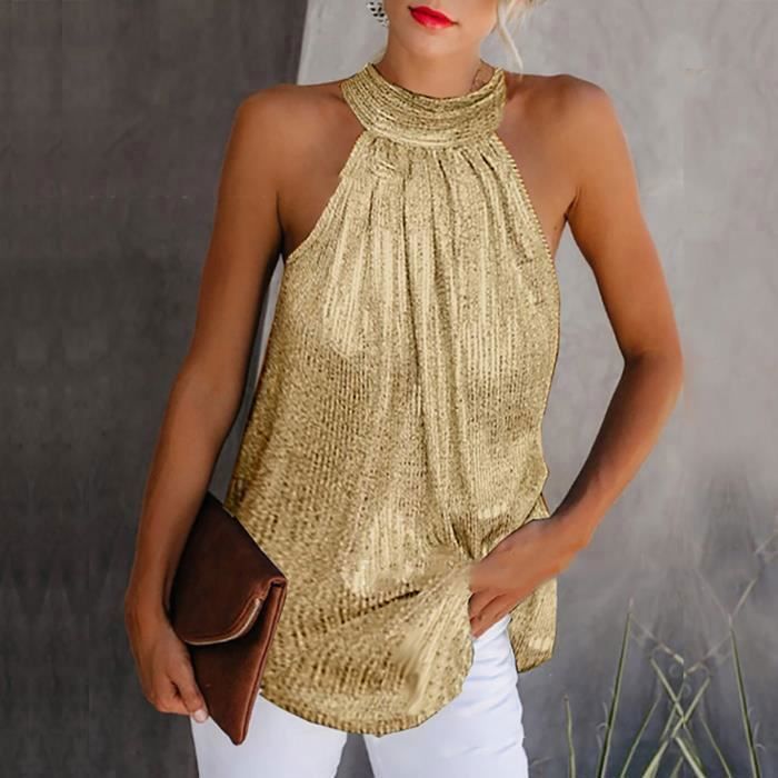 Sexy Zipper Couleur Unie Paillettes Sans Manches Col Rond Dos Nu Coton