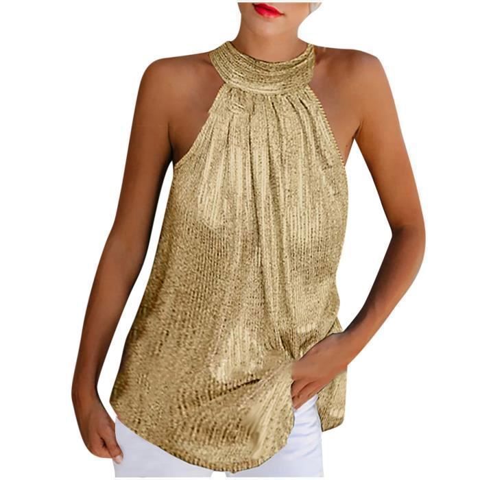 Sexy Zipper Couleur Unie Paillettes Sans Manches Col Rond Dos Nu Coton