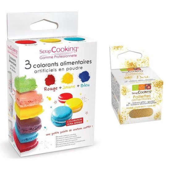 3 colorants alimentaires en poudre jaune-rouge-bleu + paillettes dorées ...