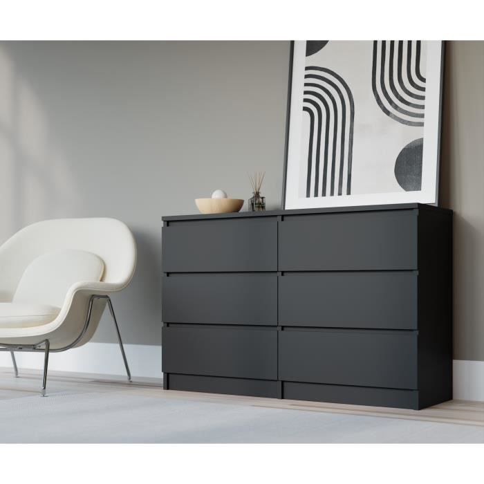 Commode 6 tiroirs 138cm, Couleur: Noir mat, buffet salon, meuble de ...