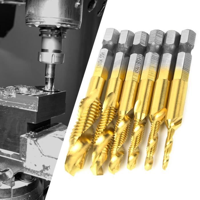 Cikonielf Foret à taraud HSS 6 pièces acier rapide 6.35mm tige hexagonale taraud foret composé ...