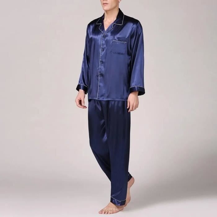 Pyjama classique en Satin pour hommes,manches longues,vêtements de nuit ...