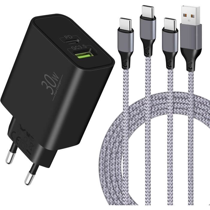 Chargeur Usb C 30W Et 2X Câbles Type C 2M, Pr 2 Ports Avec Pd-Qc ...