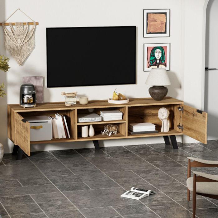 Meuble TV moderne 160,5x35,5x45cm avec 2 portes et 2 compartiments ...