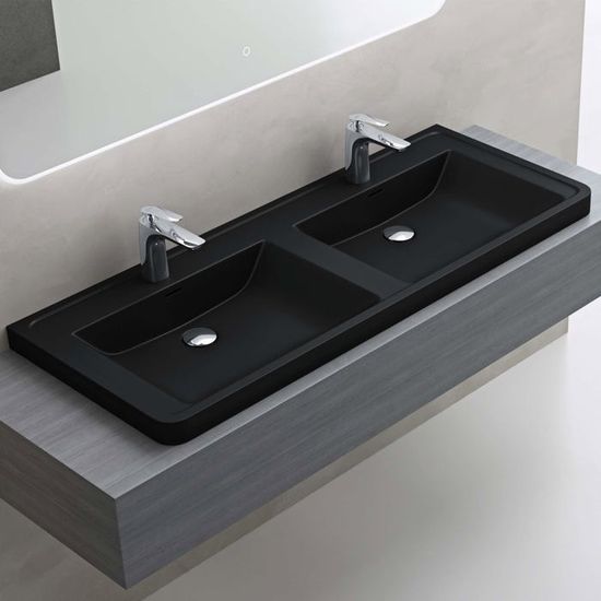 Doporro Double Lavabo à Encastrer Noir Mat Vasque en Solid Surface Lave Mains Rectangulaire de ...