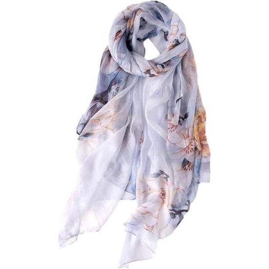 Femme Foulard 100% Soie Imprime Floral Grande Echarpe Châle Ultra-Léger ...