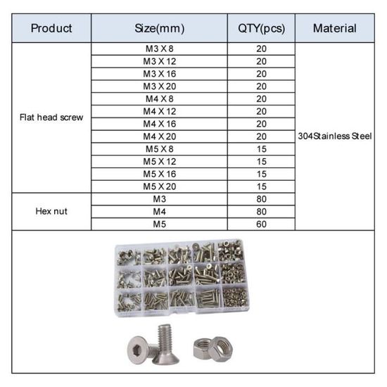 M3 M4 M5 -Kit d'assortiment de boulons hexagonaux, vis à tête plate, filetage métrique, en acier ...