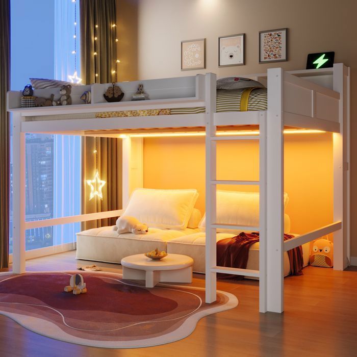 LINHOO Lit Mezzanine 140x200 cm en Bois Blanc avec Rangements, LED et ...