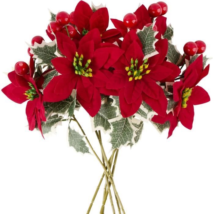 6 Bouquet De Fleurs Artificielles De Noël Poinsettia Rouge Avec Baies ...