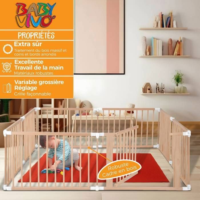 Parc Bébé en Bois - BABY VIVO - 8 Éléments - Barrière Sécurité Pliable ...