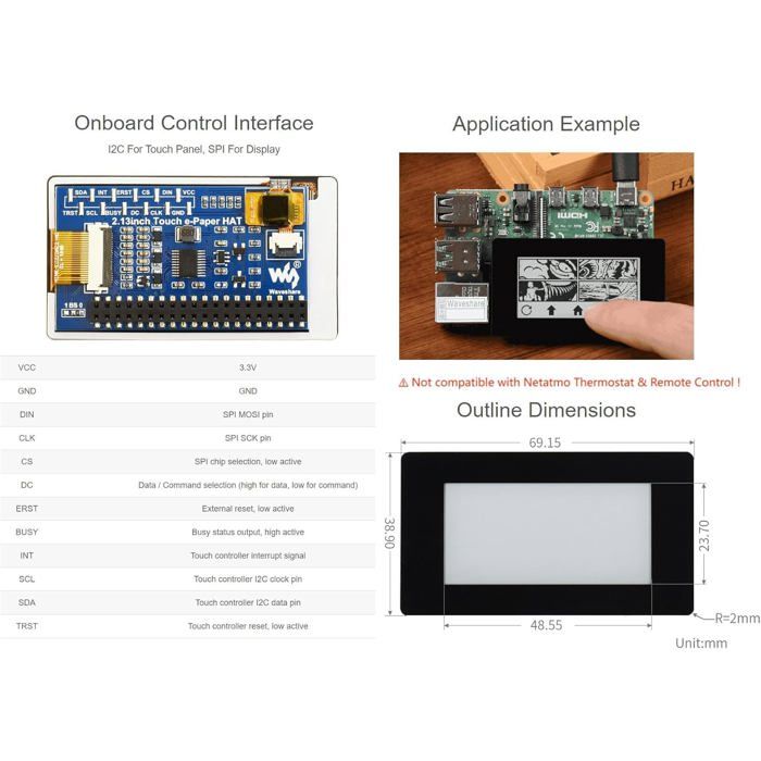Waveshare 2.13inch Touch E-Paper E-Ink Display Hat for Raspberry Pi ...