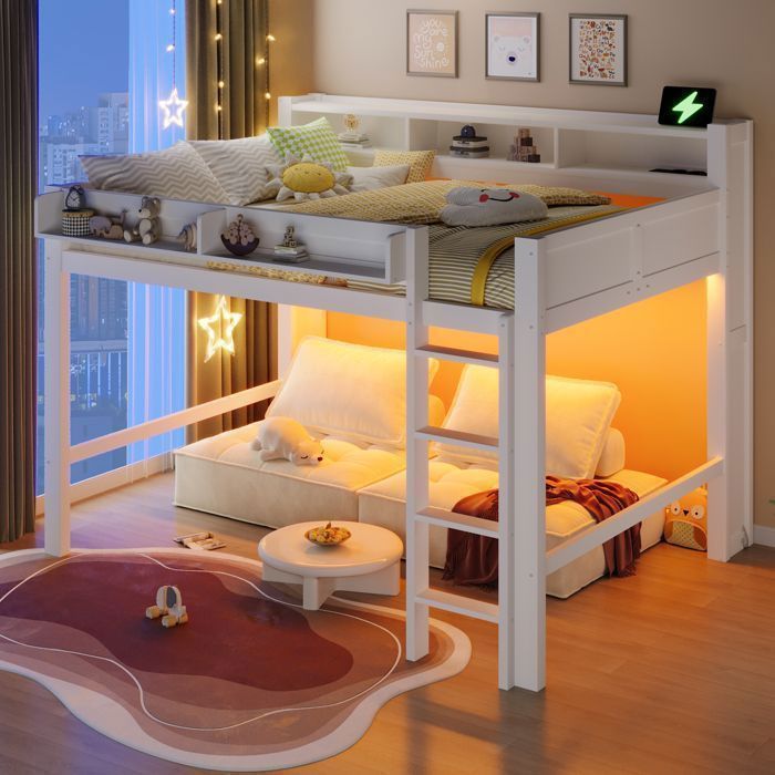 LINHOO Lit Mezzanine 140x200 cm en Bois Blanc avec Rangements, LED et ...