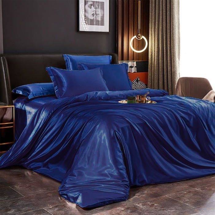 Housse De Couette 200X200Cm Satin Unie Bleu Parure De Lit 2 Personnes Adulte Confortable Soie ...