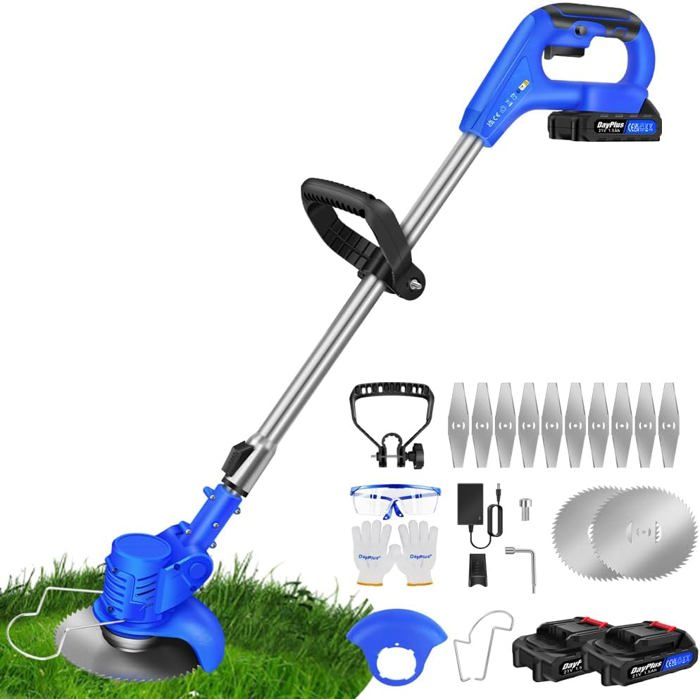 Qimu Débroussailleuse électrique sans fil avec batterie 21 V - Avec 2 batteries et lame en métal ...