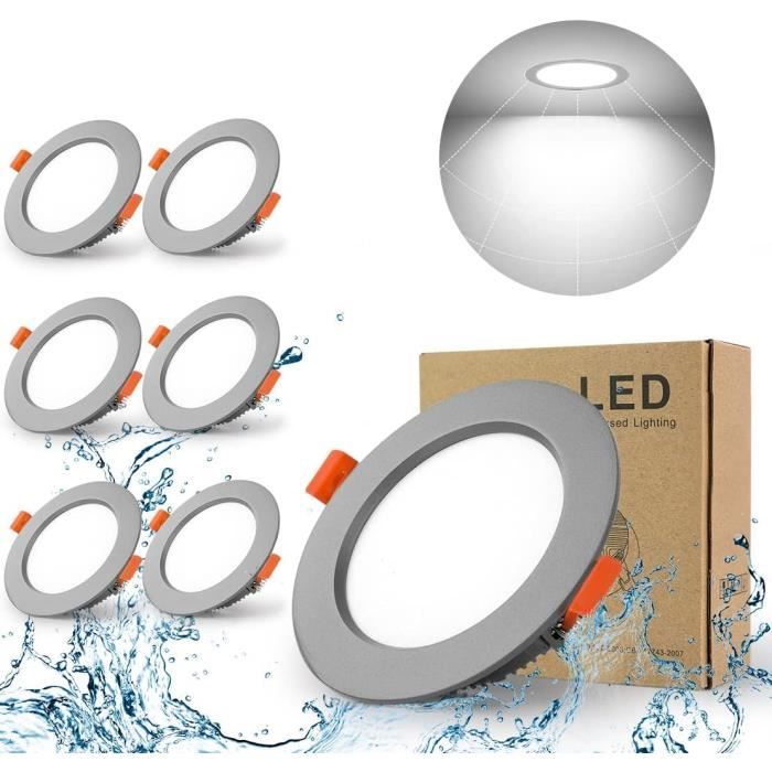 6 Pack Spot Led Encastrable Extra Plat Salle De Bain Gris Ip44 Led 5w