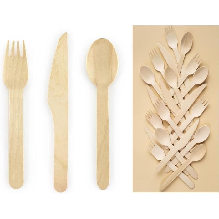 Lot De 300 Couverts Jetables En Bois Naturel, Fourchettes, Couteaux ...