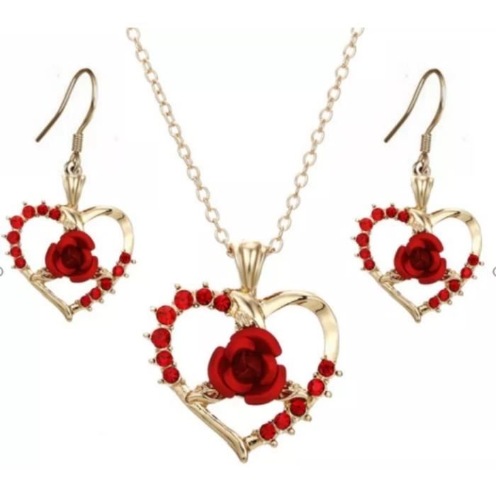 COLLIER COEUR ET ROSE ROUGE, PARURE BIJOUX COEUR, PARURE BIJOUX ROSE ...