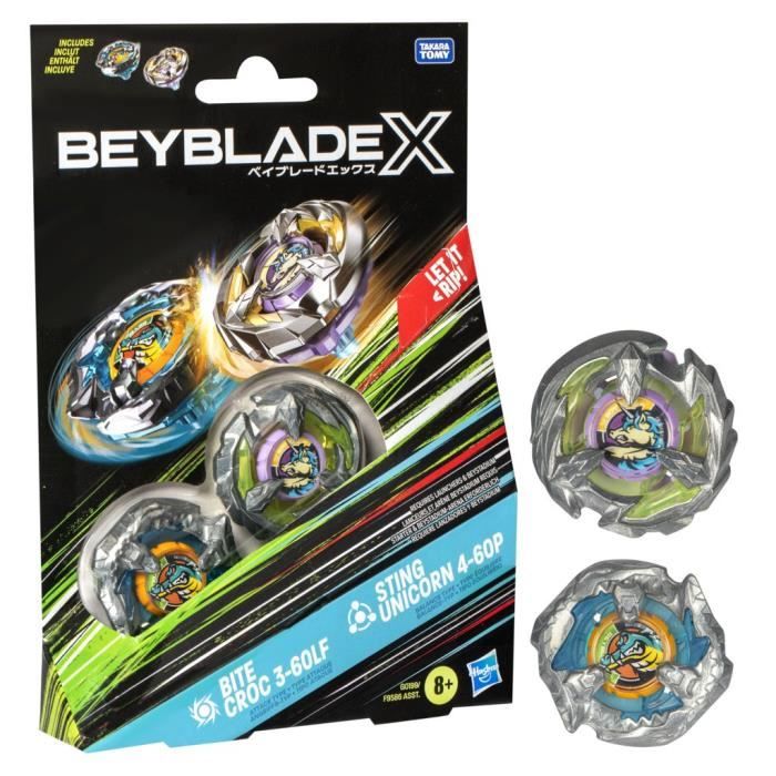 Beyblade X Dual Pack Bite Croc 3-60LF et Sting Unicorn 4-60P, 2 toupies ...