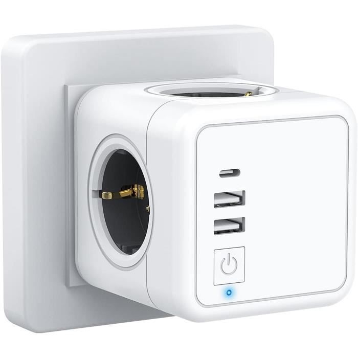 Prise USB Powercube 7 en 1 avec 4 prises CA, Type C et 2 ports USB (3 A ...