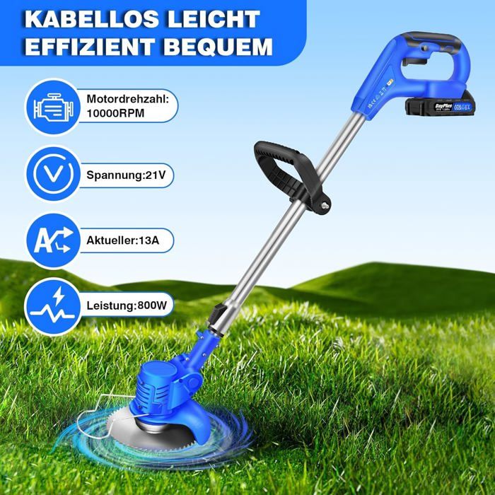 Qimu Débroussailleuse électrique sans fil avec batterie 21 V - Avec 2 batteries et lame en métal ...
