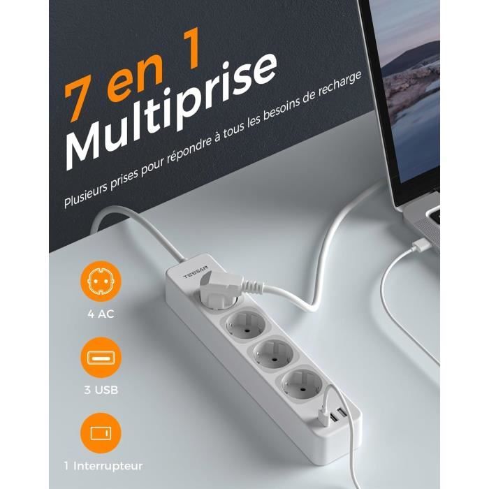 4 Prises Multiprise Avec Usb, Rallonge Multiprise 5M, 7 En 1 Multiprise ...