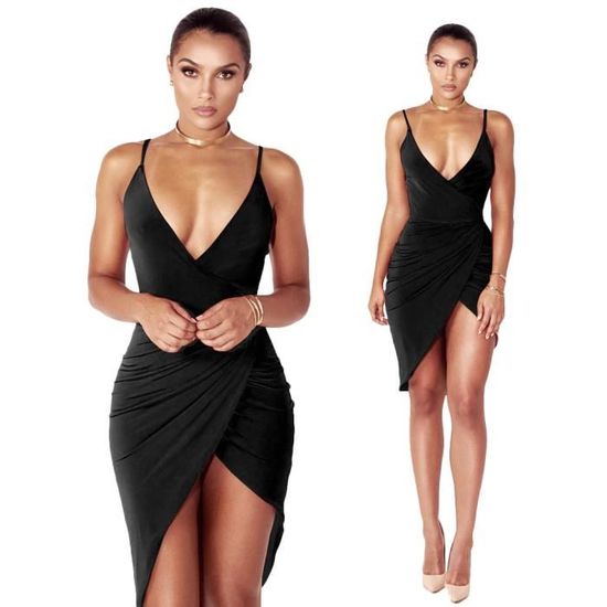 Robe Bandage Midi Club - Femmes Sexy - Col en V Profond - Dos Nu - Fente Avant - Noir Noir ...