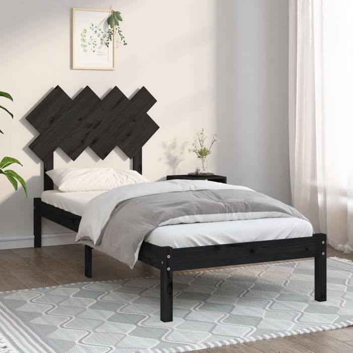 CHIC Lit Single 1 Place Cadre de lit Noir 90x190 cm Simple Bois massif ...
