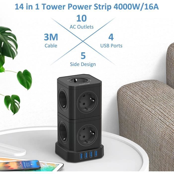 Tour Multiprise USB, Multiprise Electrique avec 10 Prises (4000W-16A ...
