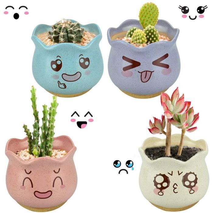 4 Pcs Pot de Fleur en Céramique Blanc Bleu Rose Jaune avec 4 Pcs ...