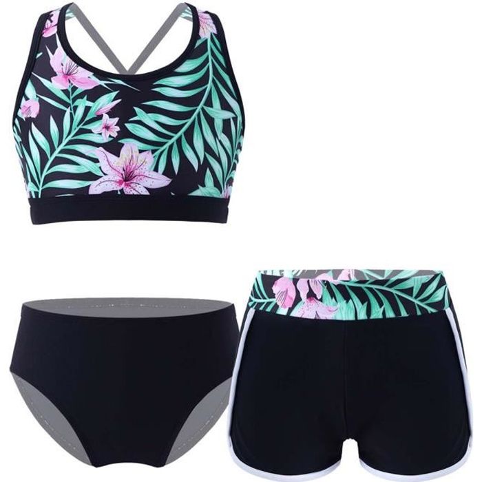 DPois 3 pièces Maillots de Bain Fille Enfant Ado Imprimé Floral Tankini ...