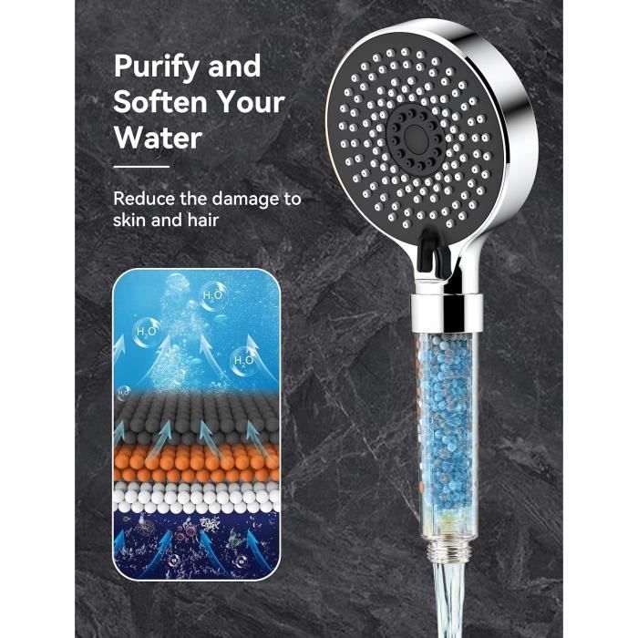 Pommeau de douche avec filtre économie d'eau - TRAHOO - Douchette flexible - Anti calcaire ...