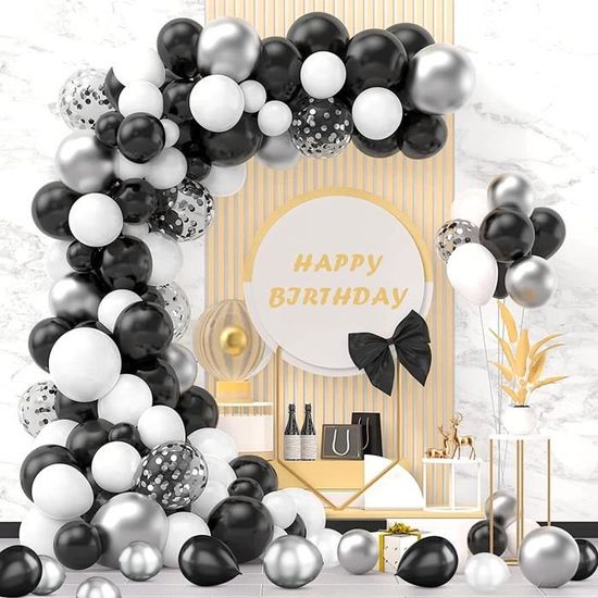 120pcs Ballons Guirlande Arche Kits Noir Argent,Latex Noir Blanc Argent ...